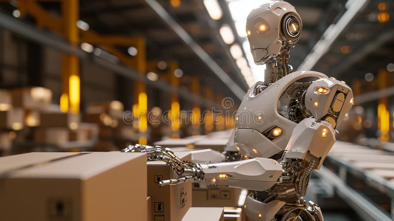 Artificial Intelligence Robot of the Future Works in a Warehouse Stock ...