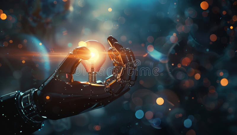 Artificial Intelligence Robot Hand Holding Light Bulb, Concept of ...