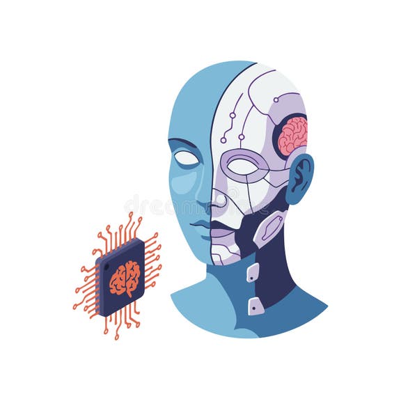 Artificial Intelligence Robot Head with Human and Machine Brain Concept ...