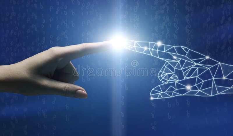 Artificial Intelligence. Robot and Human Touching Fingers Stock Photo ...