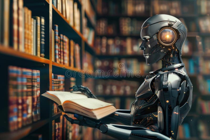 Artificial Intelligence Robot Reading Book in Library Gathering Data ...
