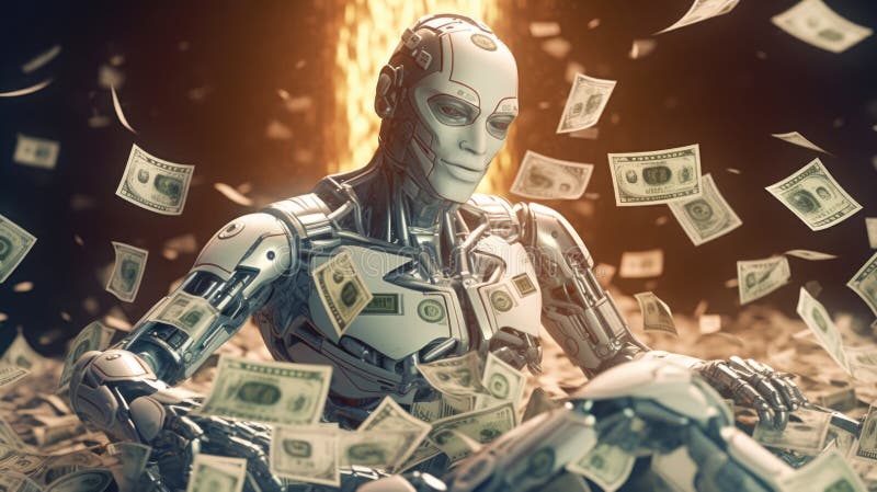 Artificial Intelligence Robot Sitting on Money with Fire Stock ...