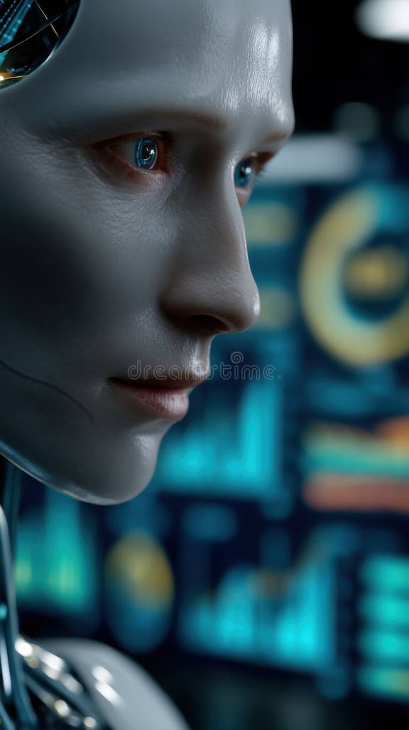 Artificial Intelligence Robot Staring at Abstract Dashboard Screen in ...