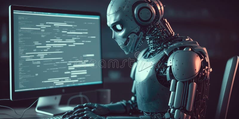 Artificial Intelligence Robot Using Computer Software For Gpt Binary Coding Stock Illustration