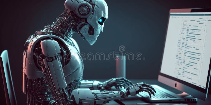 Artificial Intelligence Robot Using Computer Software For Gpt Binary Coding Stock Illustration