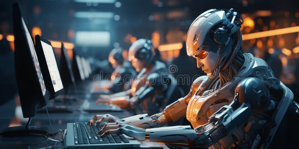 Artificial Intelligence Robot Working at Computer in Office Stock Photo ...
