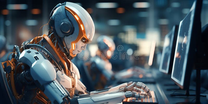 Artificial Intelligence Robot Working at Computer in Office Stock Photo ...