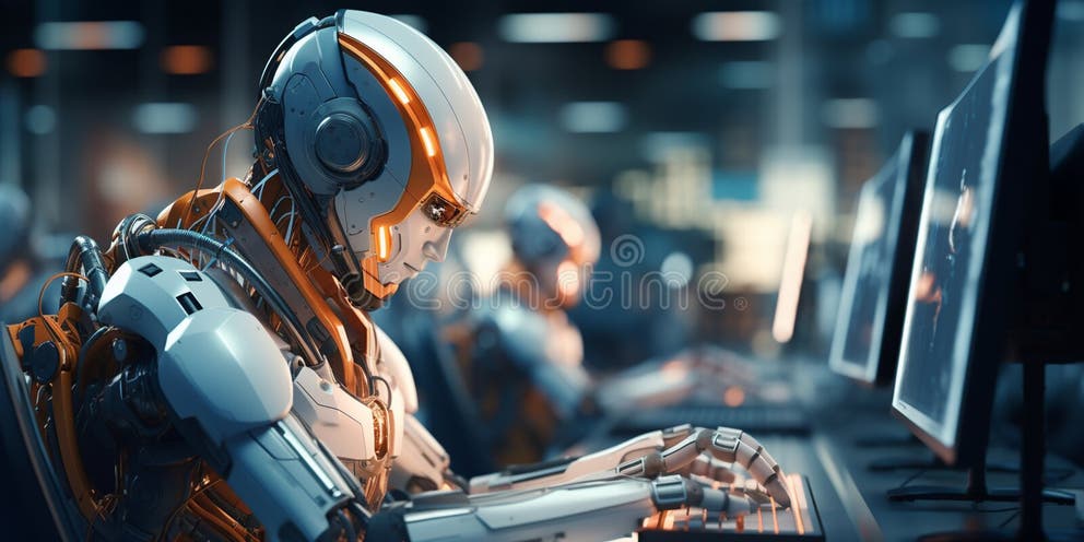 Artificial Intelligence Robot Working at Computer in Office Stock Photo ...