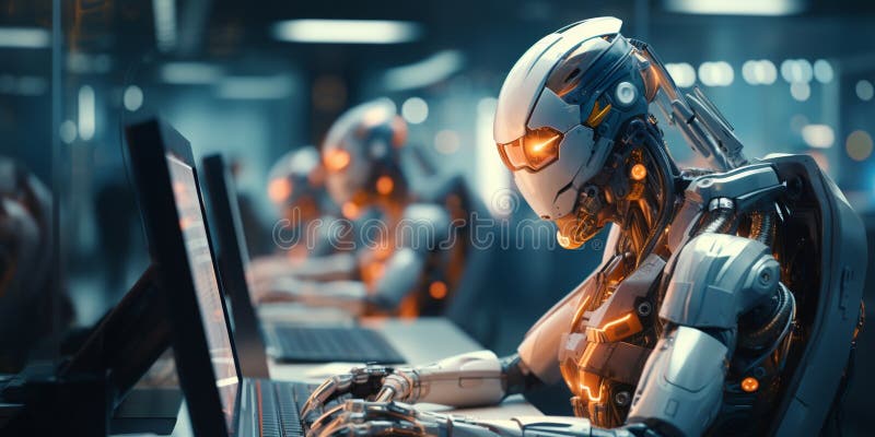 Artificial Intelligence Robot Working at Computer in Office Stock Photo ...