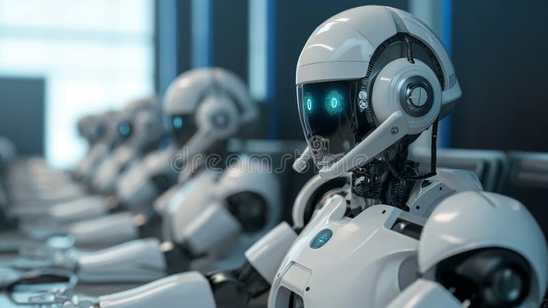 Artificial Intelligence Robot Working at Computer in Office Stock Image ...