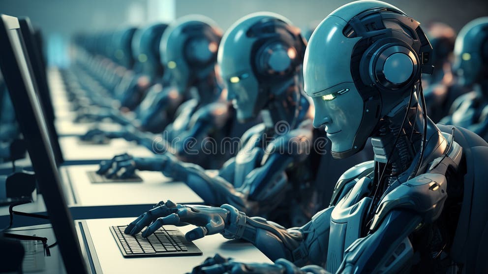 Artificial Intelligence Robot Working at Computer in Office Stock Photo ...