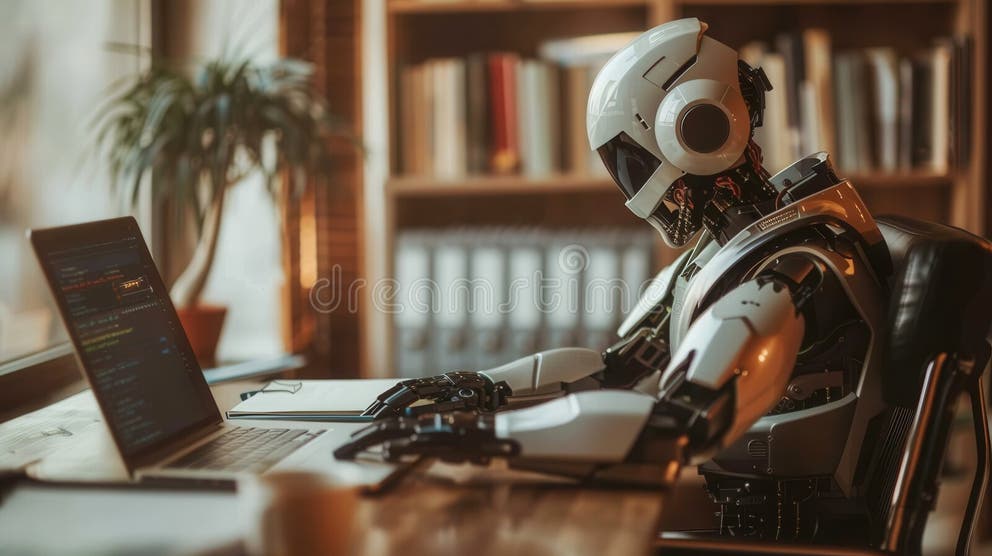 An Artificial Intelligence Robot is Working at a Desk, Typing on a ...