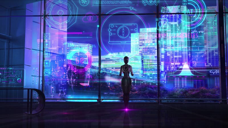 An Artificial Intelligence Robot Works with Crypto Assets. 3D Render ...