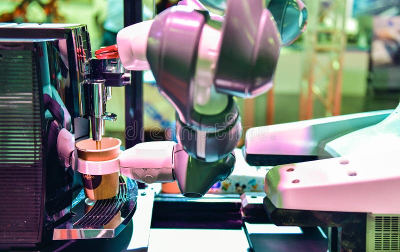 Artificial Intelligence, Robotic Arm Serving in Coffee Shop Stock Image ...