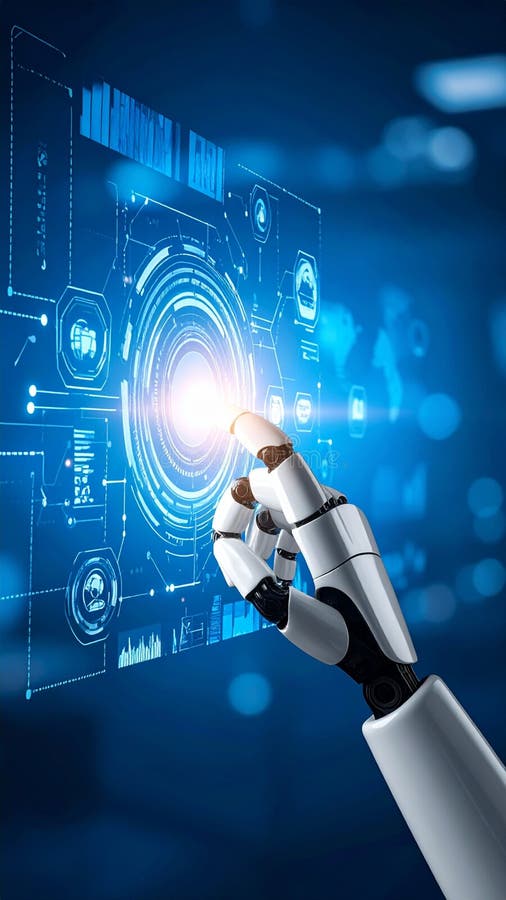 Artificial Intelligence Robotic Hand Touching Glowing Virtual Screen with Abstract Data ...