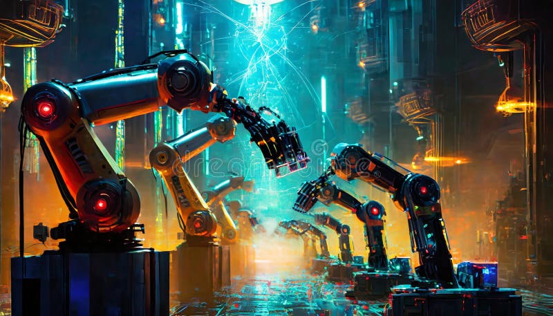 Artificial Intelligence Robots Work in Industry Stock Illustration ...