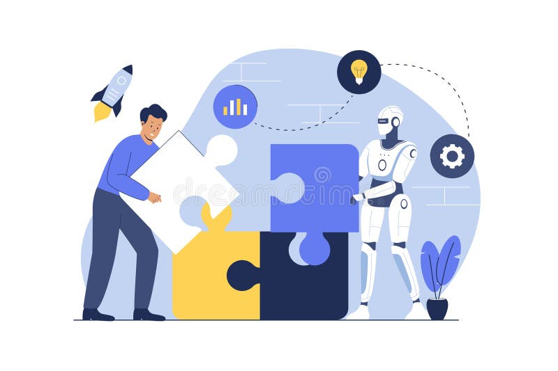 Artificial Intelligence Robots Work Together with Huma Stock Vector ...