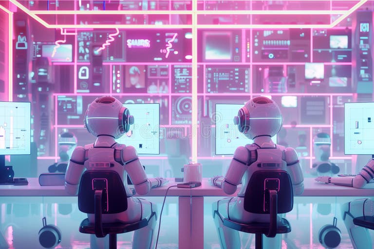 Artificial Intelligence Robots Working at Computer in Futuristic Modern ...