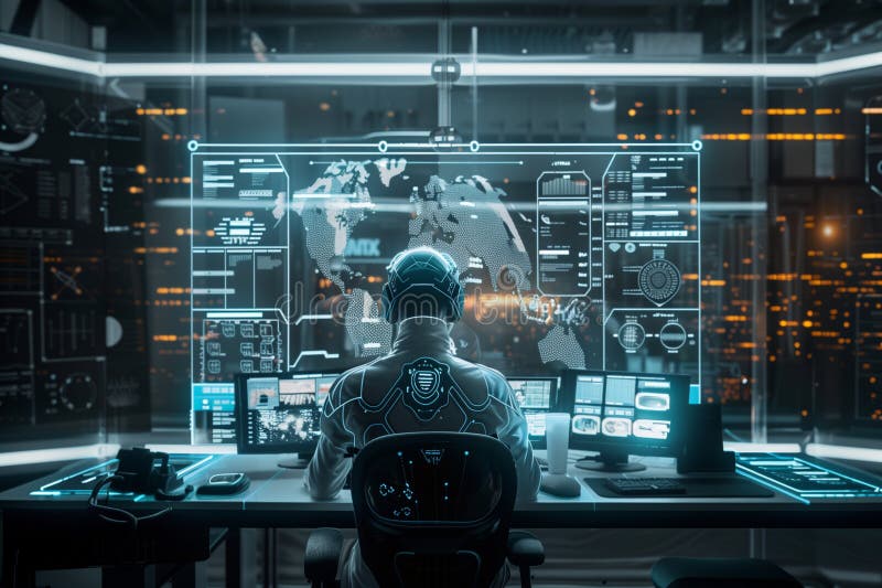 Futuristic Office with Holographic Human Figure Display Stock ...