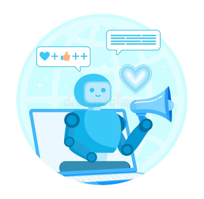 Artificial Intelligence in Social Media. Blue Robot Interacting with ...