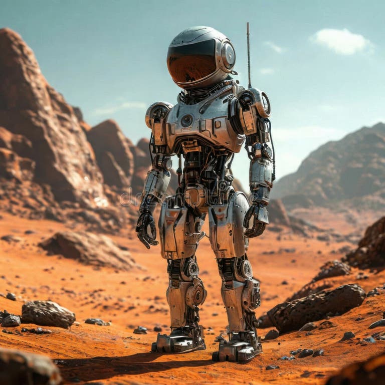 Artificial Intelligence Stands on the Surface of Mars Stock Illustration - Illustration of high ...