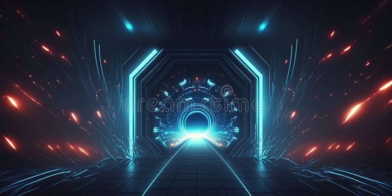 Artificial Intelligence System Tech Background with Tunnel Neon Light ...