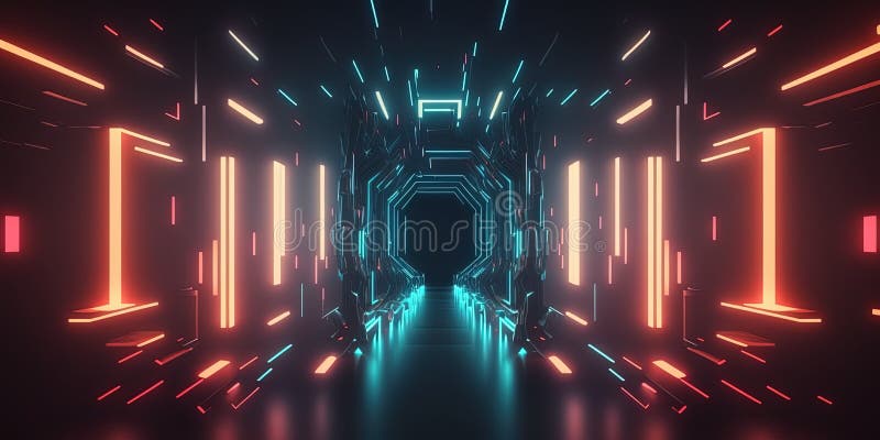 Artificial Intelligence Tech Background with Futuristic Tunnel Neon ...