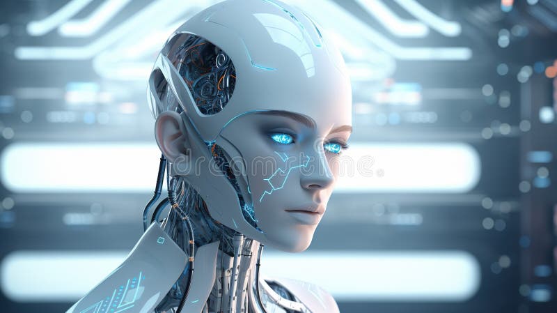 Artificial Intelligence .Technology Background with Robot Face. Machine Learning, Data Exchange ...