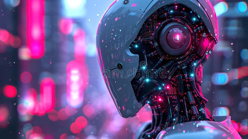 Artificial Intelligence .Technology Background with Robot Face. Machine Learning, Data Exchange ...