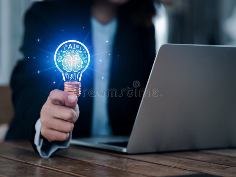 Artificial Intelligence Technology Concept. Glow Digital Light Bulb ...