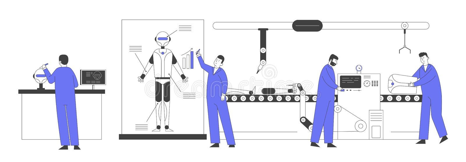 Engineers Making and Programming Robots, University Alumnus Set. Characters in Graduation Gowns ...
