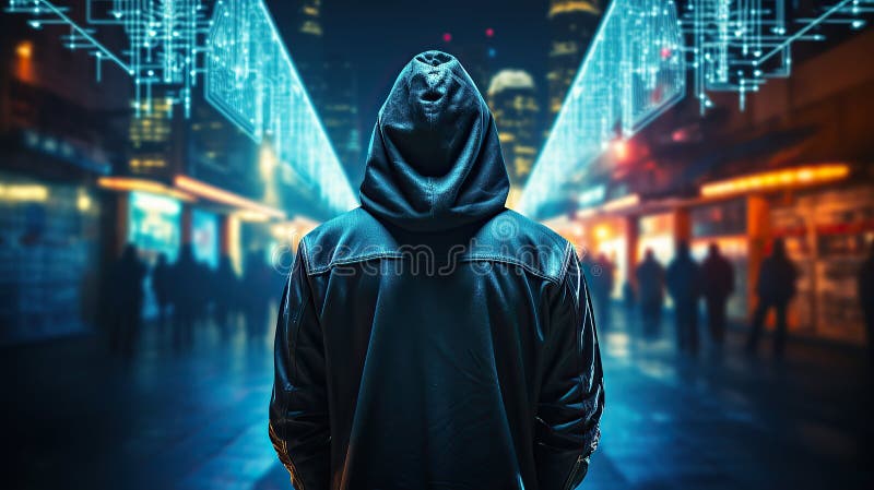 Artificial Intelligence Technology, a Hacker Wear Hoodie Walk on the ...