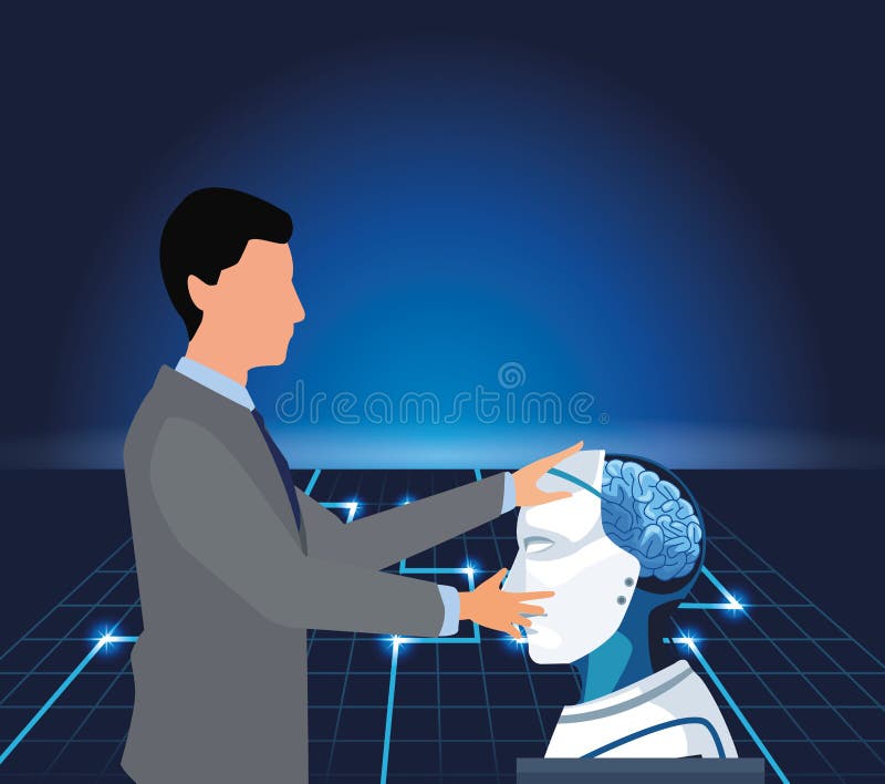 Artificial Intelligence Technology Man and Cyborg with Human Brain ...