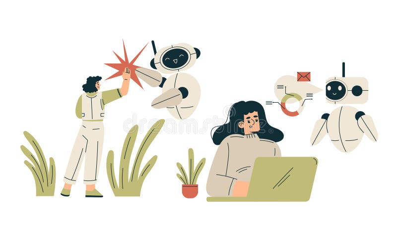 Artificial Intelligence Technology with People Character Interacting with Smart Bot Vector Set ...