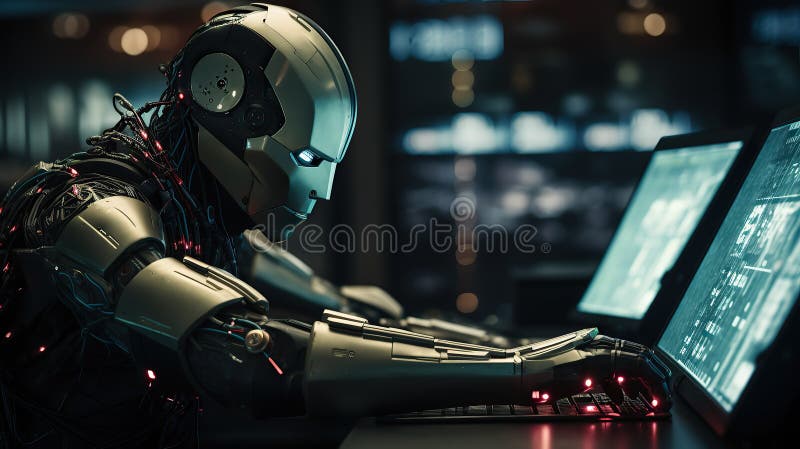 Artificial Intelligence Technology, a Robot Hacking on Laptop, Hack ...