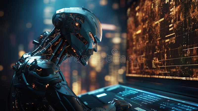 Artificial Intelligence Technology, a Robot Hacking on Laptop, Hack ...