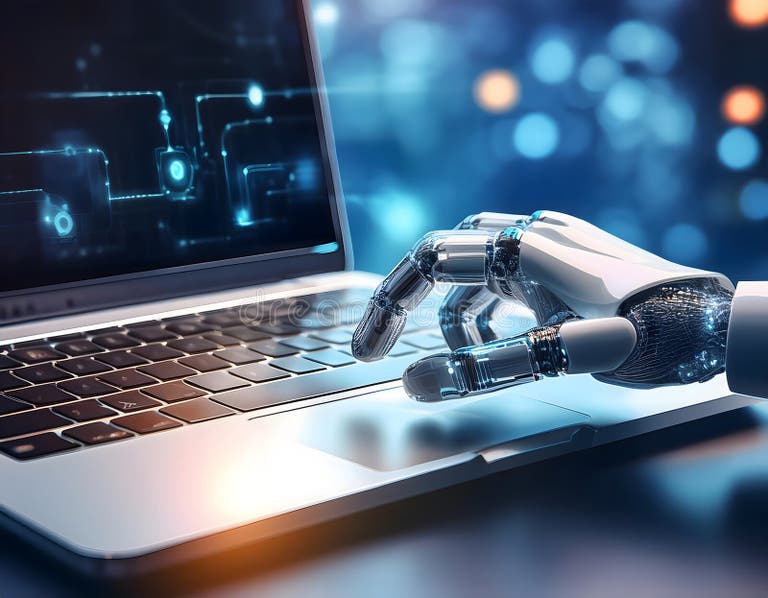 Artificial Intelligence and Technology. Robotic Hand Pointing at Laptop ...