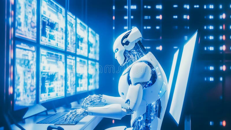 Artificial Intelligence, White AI Robot Thinking and Looking Big Screen ...