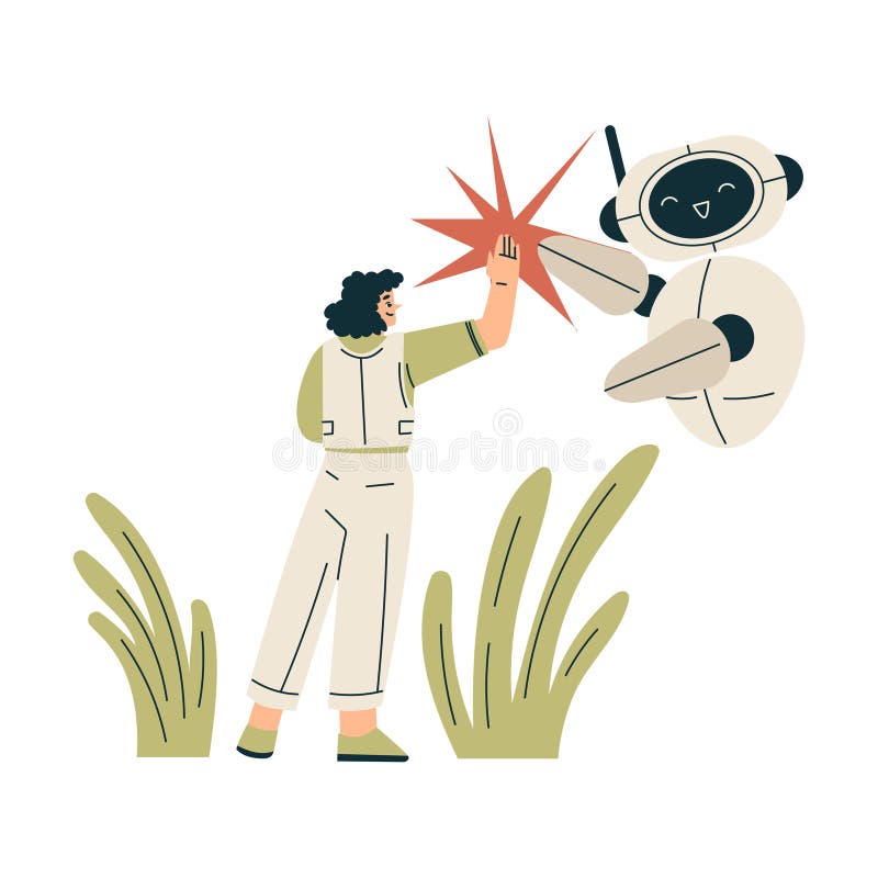 Artificial Intelligence with Woman Character Give High Five with Bot Vector Illustration Stock ...