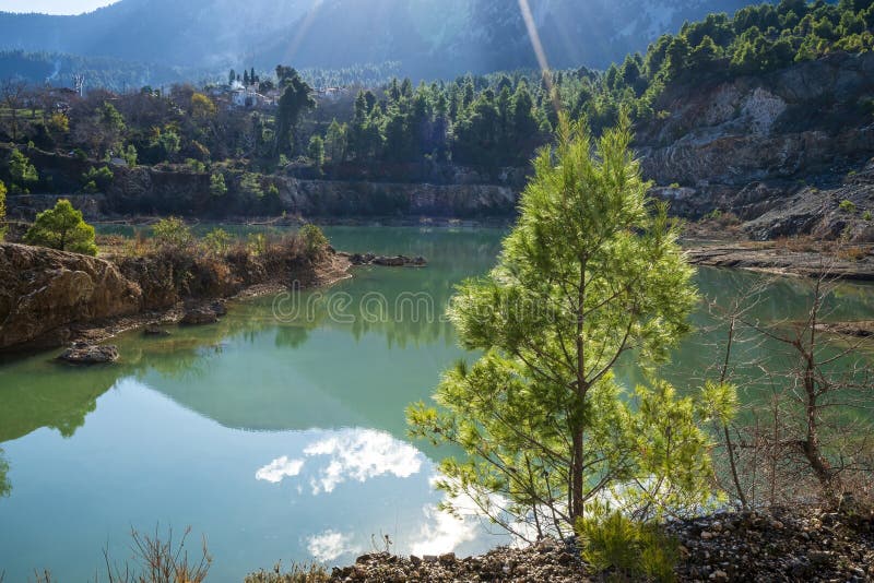 Artificial Lake in Former Quarry with Pine Trees Stock Image - Image of ...