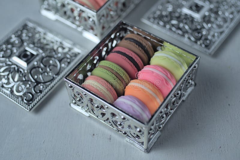 Artificial Mini-French Macarons with Various Colors on Silver Container ...