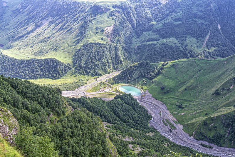 Artificial Oval Lake at the Bottom of the Gorge of a Mountain Pass ...