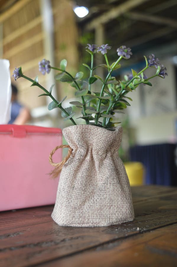 Artificial Plant with Pot Made of Burlap Sack, Cafe Table Interior ...