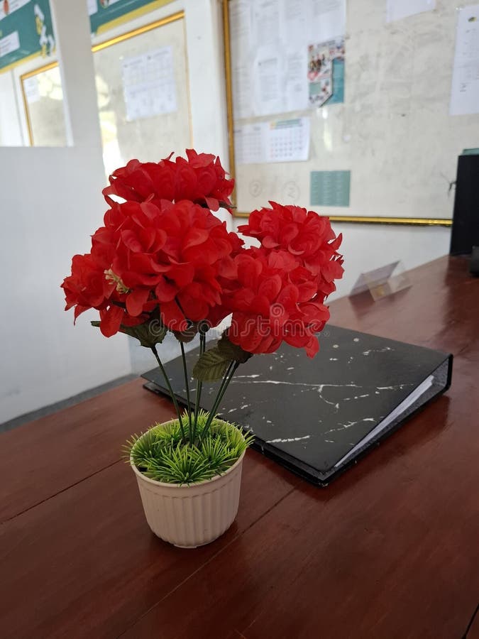 Artificial Red Flowers in White Pot on Desk Stock Image - Image of desk ...