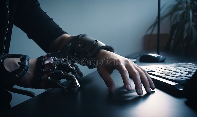 Artificial Robotic Hands of a Man Sitting at the Desk. Technology and ...