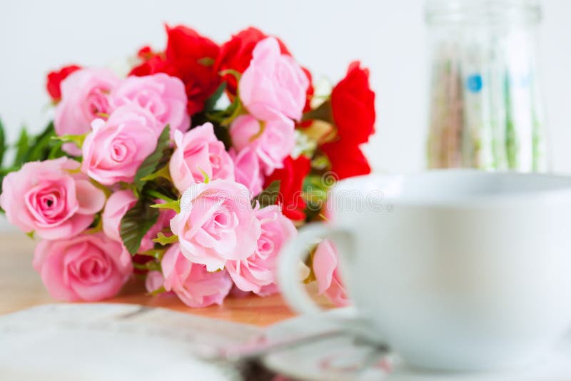 Artificial Roses Bouquet on the Desk Stock Image - Image of leaf ...