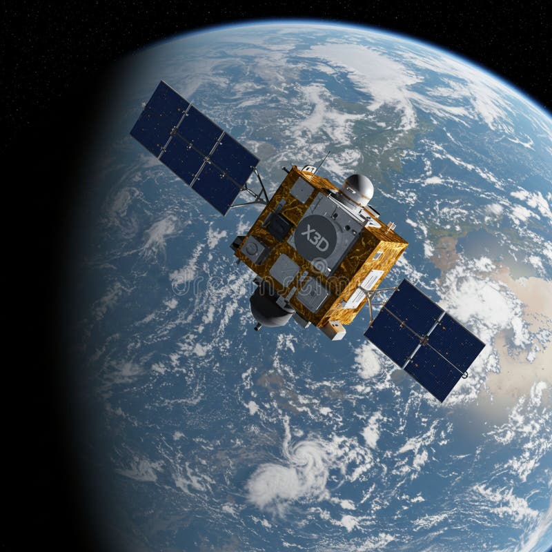 Artificial Satellite Orbiting Earth, Equipped with Solar Panels and a ...