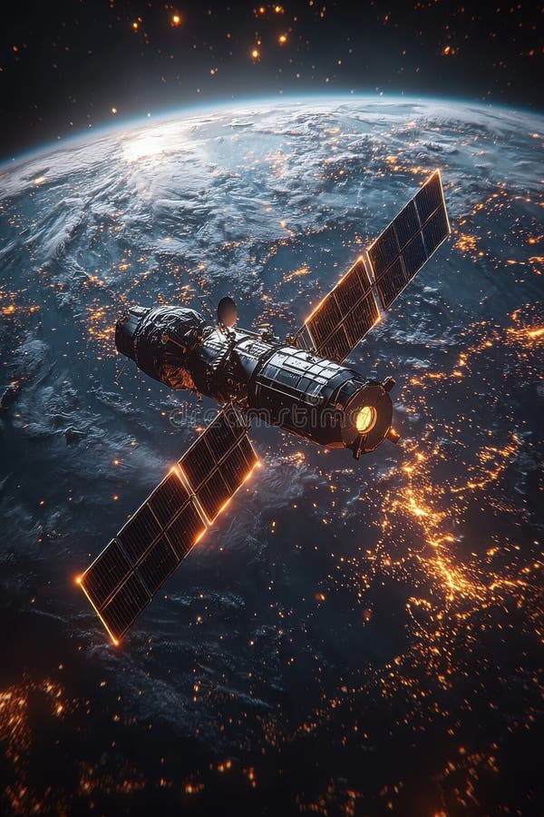 Satellite Orbiting Earth with Lights and Dynamic Perspective Stock ...
