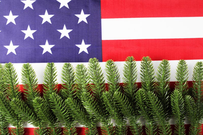 Artificial Spruce Branches on American Flag Stock Image - Image of ...