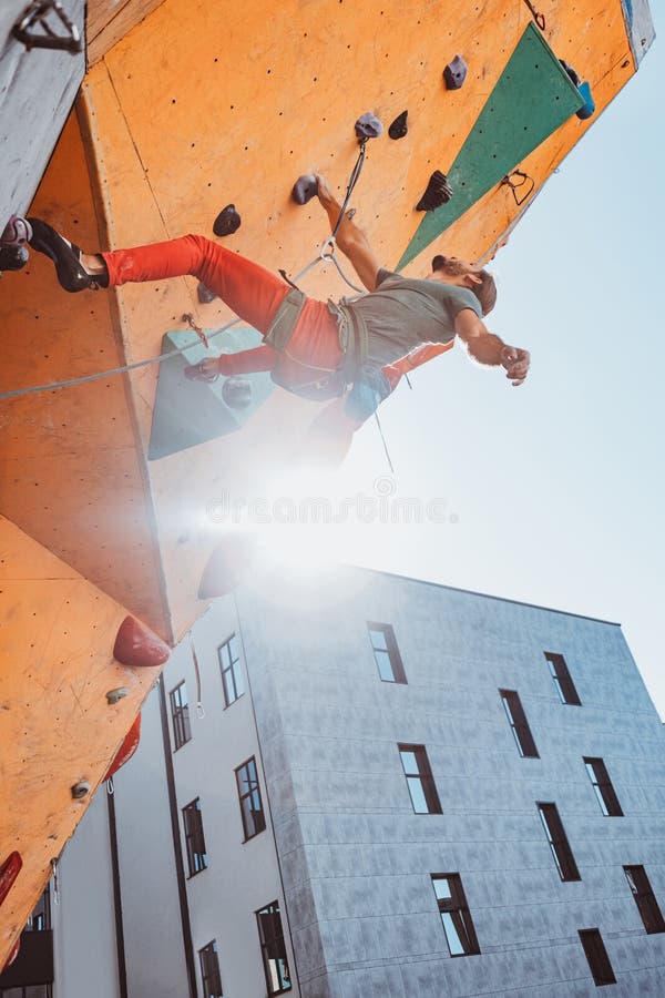 One Caucasian Man Professional Rock Climber Practicing Alone at ...